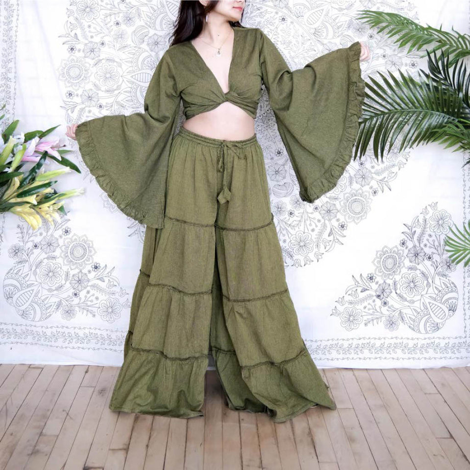 Flowy Tiered Cotton Pants with Ruffle Top – karmanepalcrafts