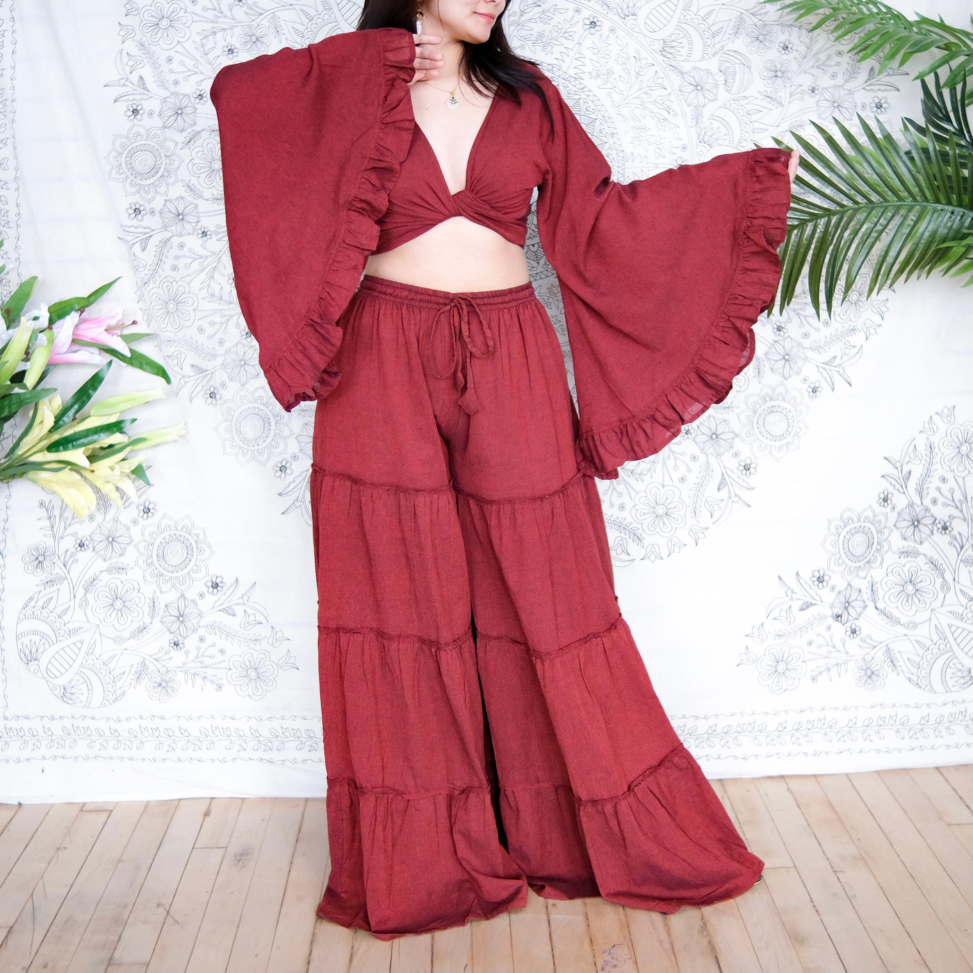 Flowy Tiered Cotton Pants with Ruffle Top – karmanepalcrafts