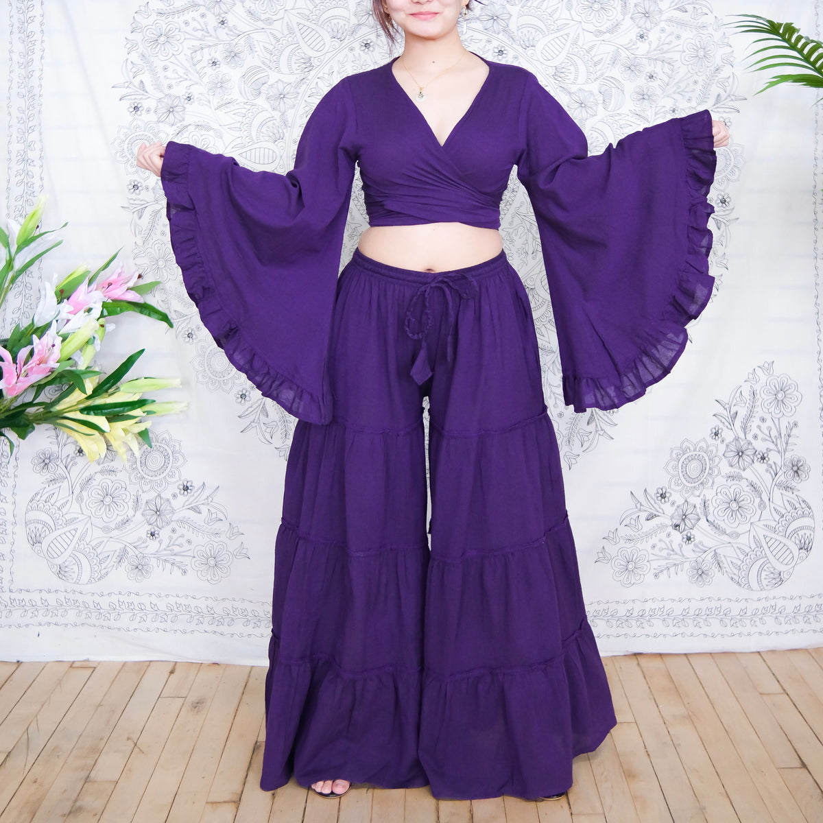 Flowy Tiered Cotton Pants with Ruffle Top – karmanepalcrafts