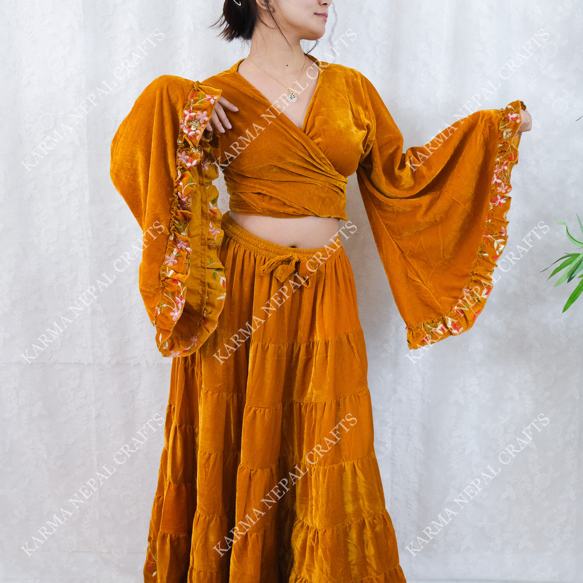 Velvet Whimsical Embroidered Ruffle Sleeve Top – karmanepalcrafts